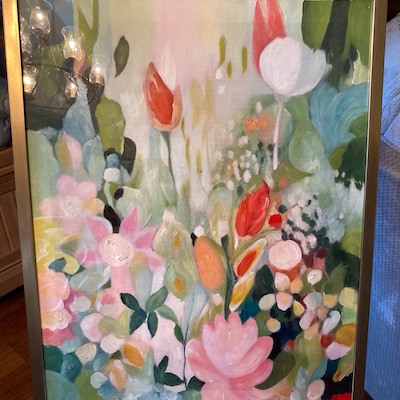 Original Green Flowers Oil Painting on Canvas, Abstract Modern Floral ...