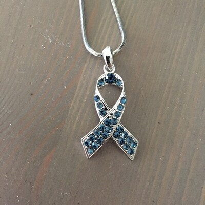 Swarovski Crystal Dark Blue Colon Cancer Awareness Ribbon Necklace ...