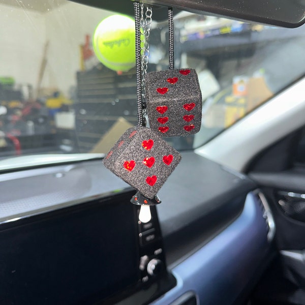 Black Fuzzy Dice With Blue Sparkle Hearts and Chain or Cord / Car ...