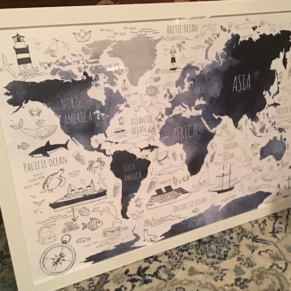 Navy Blue Map for Kids, Nautical Nursery Art, Printable World Map, Boys ...