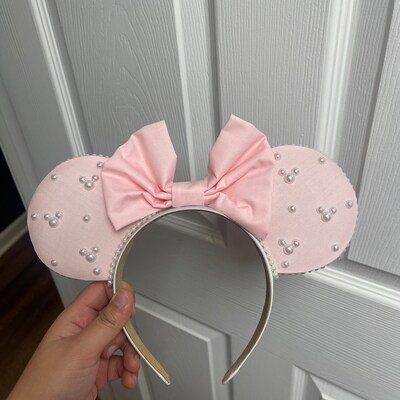 Pastel Pink Ears With Pastel Pink Bow and Embellished Pearls Handmade ...