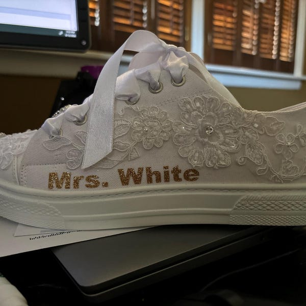 Personalized Bridal Sneakers, Lace Flower Detail, Low Top Wedding Shoes ...