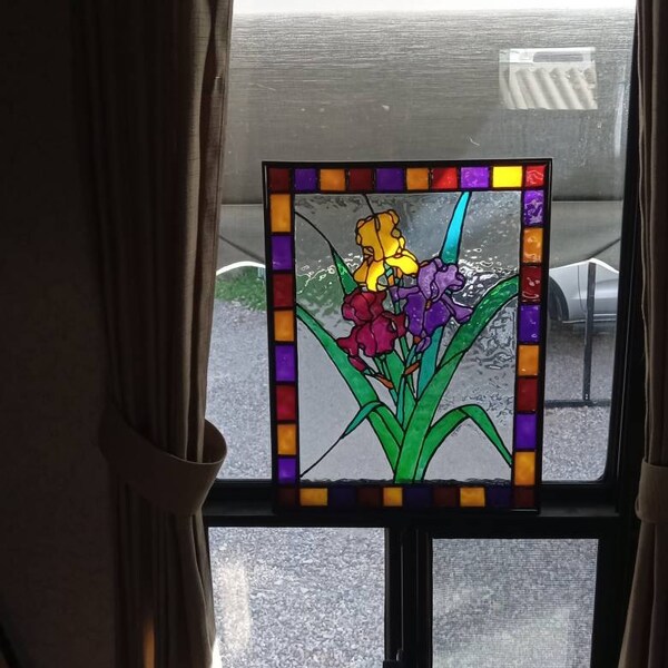 Irises Stained Glass Window Panel Hand Painted - Etsy UK