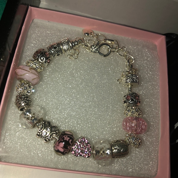 Pink Pandora Style Charms, Pink Silver Beads, Snake Chain Bracelet ...