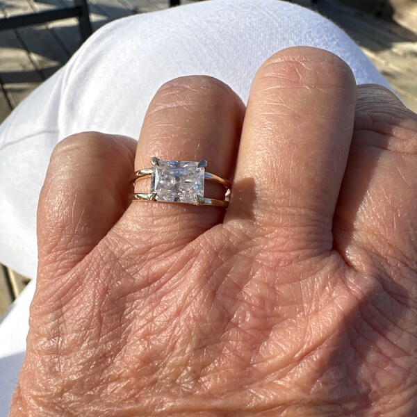 Bezel Set Moissanite Ring Three Stone Moissanite Unique Engagement Ring 2.30 CTW White Emerald ...