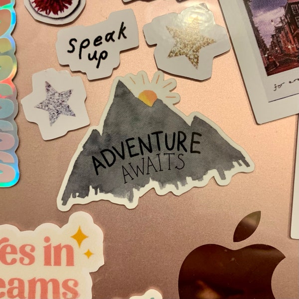 Adventure Sticker, Adventure Awaits, Mountain Sticker, Watercolor ...