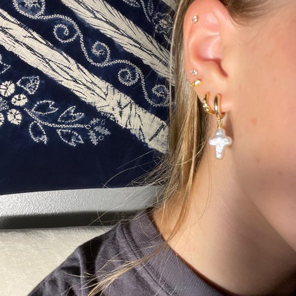 Freshwater Pearl Cross Earrings on 14k Gold Studs-pearl Cross Dangle ...