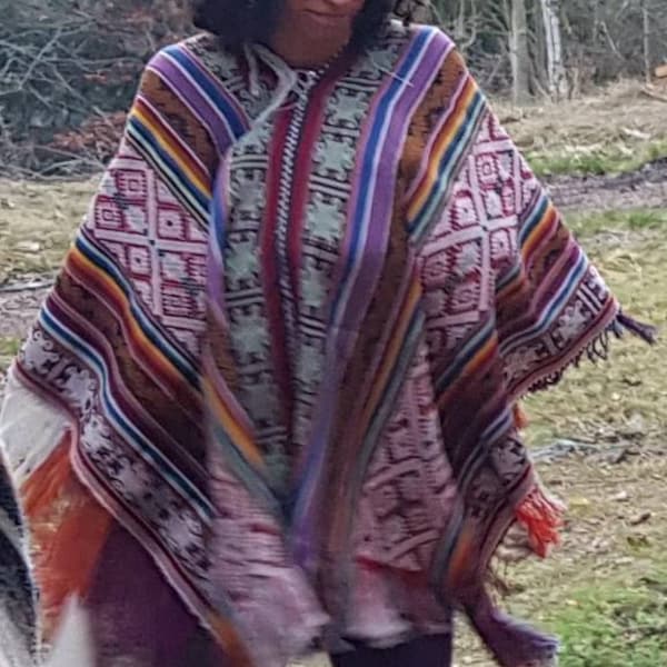 Large Peruvian Alpaca Shawl With Tawantinsuyo and Rainbow Colors ...