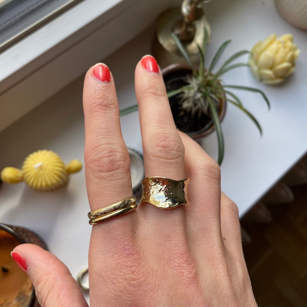 Gold Floral Signet Ring, Stackable Adjustable Open Ring, Statement Ring ...