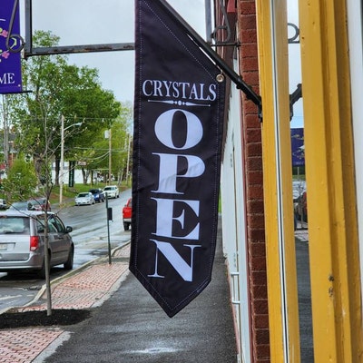 ELEGANT OPEN Flag With Top Phrase Double Sided Heavy Weight Canvas Pole ...