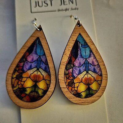 Mosaic Stained Glass Earrings // Teardrop // Mahogany Wood // Bright ...