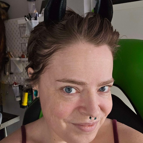 Fluffy Black Wolf Ears Leather/ Realistic Cosplay Kitten Pet Play Furry ...