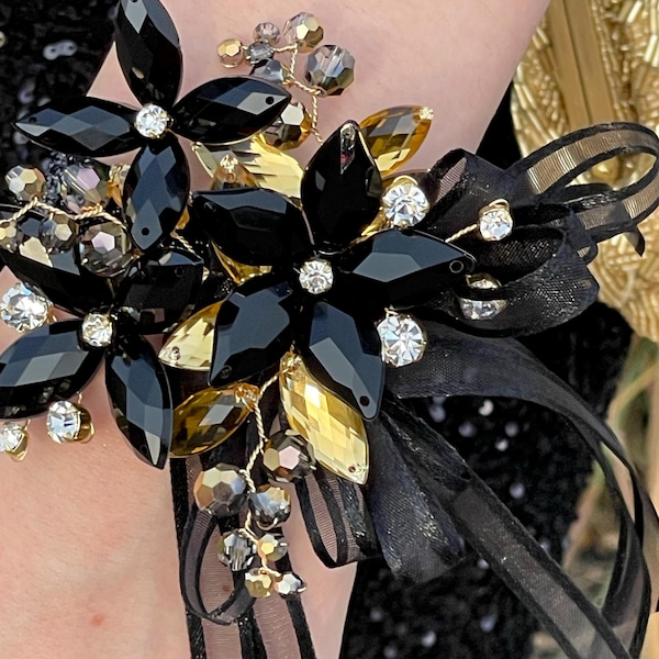 Sylvie Wrist Corsage in Jet Black and Gold - Modern Prom Corsage - Luxe ...