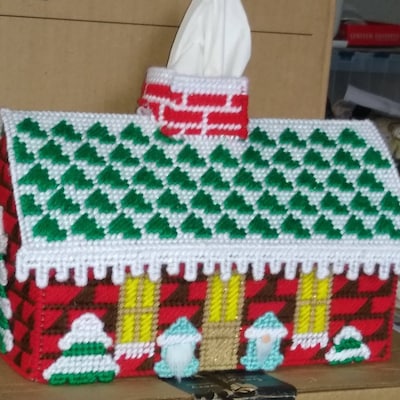 Snowy Brick Cottage Tissue Box Topper Holder Cover Vintage Plastic ...