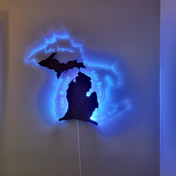 Michigan Wall Sign, Edge Lit Multi-color LED Art Décor, Wood & Acrylic ...