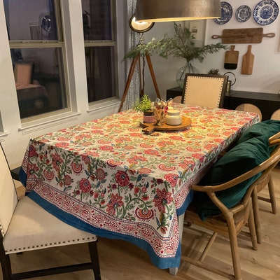 Sage Green Floral Tablecloth, Block Printed Tablecloth, Cotton Table ...