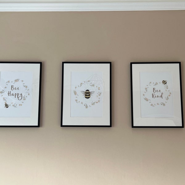 Bee Happy, Bee Kind Art Prints, Set of 3 Bumblebee Wall Art, Bee Decor ...