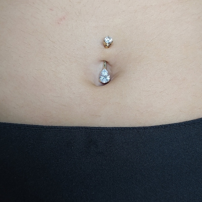 14k Solid Gold Belly Button Ring Navel Piercing Round Shape Two Stones ...