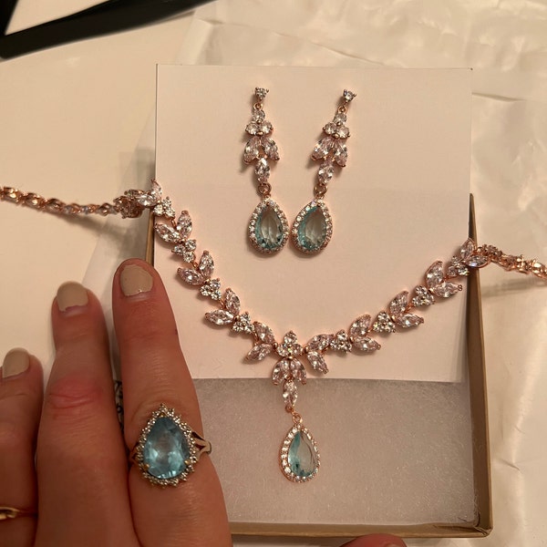 Aquamarine Blue Something Blue Bridal Necklace Set, Blue Teardrop ...