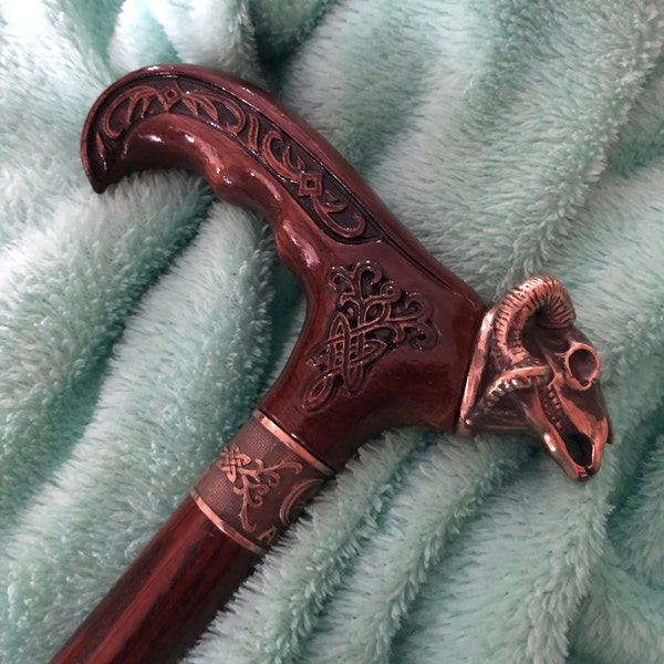Ram Skull Bronze Walking Cane Stick - Hand Carved Handle With Celtic ...