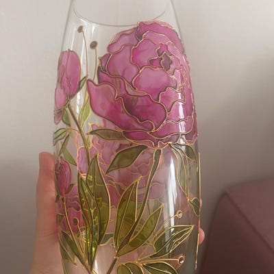 Stained Glass Hand Painted Vase Handpainted Personalized Vase With Peony Flowers Round Glass ...