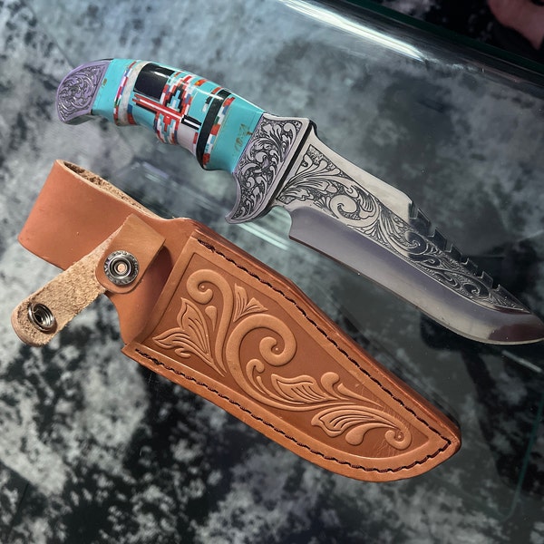 Southwestern Inlay Knife With Leather Sheath - Turquoise Inlay With ...
