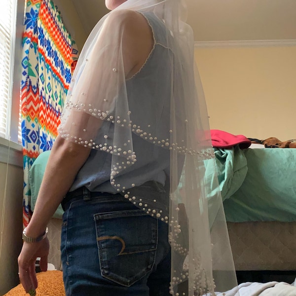 Floral Veil With Beads Scalloped Edge Veil Two Tier Veil Hand Beaded ...