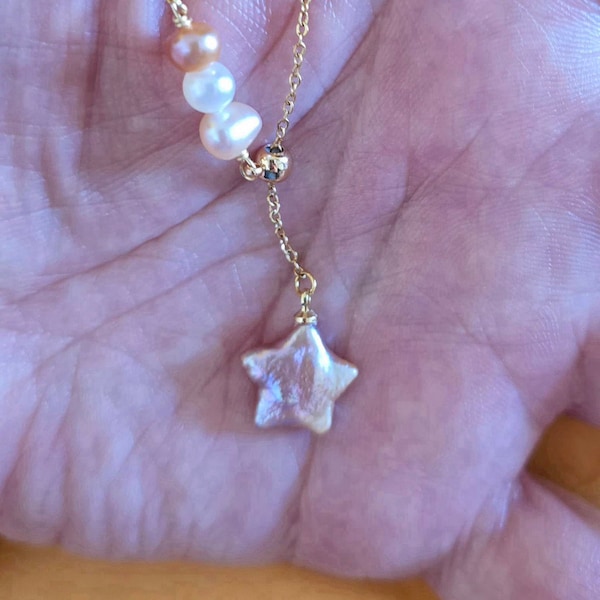 18k Lariat Pink Pearl Star Necklace, Y Necklace With Freshwater Star ...