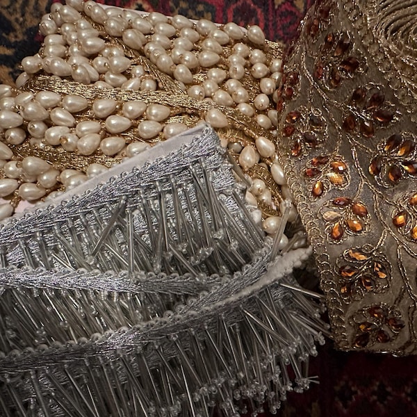 Gold and White Beaded Indian Tassel Lace Trim, Gold Beaded Trim, Beaded ...