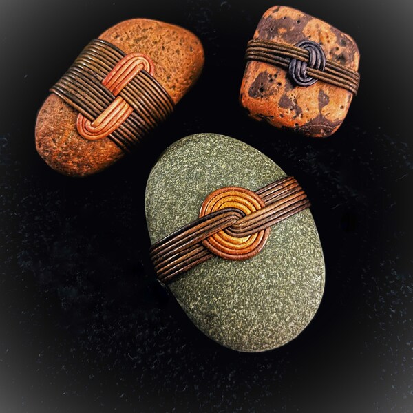 Sold as a Set, Leather Wrapped Centering Stones, Sterling Silver Heart ...