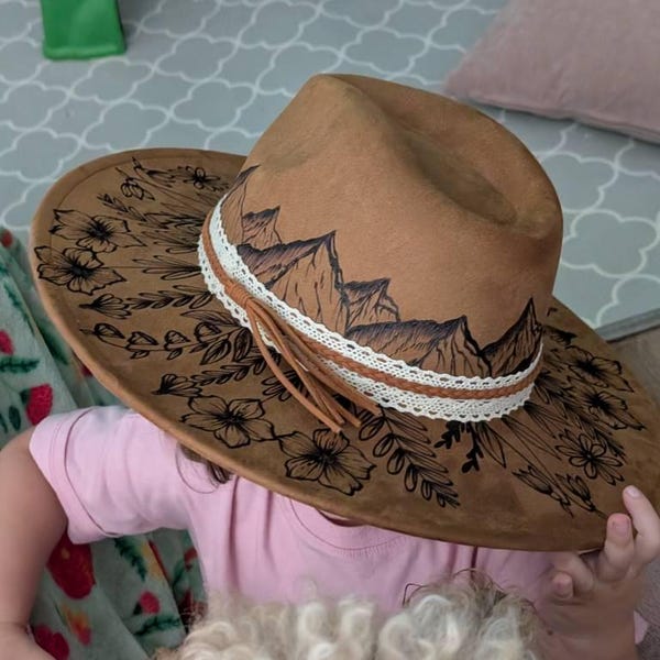 Hand Burned Custom Wide Brim Fedora Hat | Floral, Flower, Sunflower, Summer, Derby, Concert ...