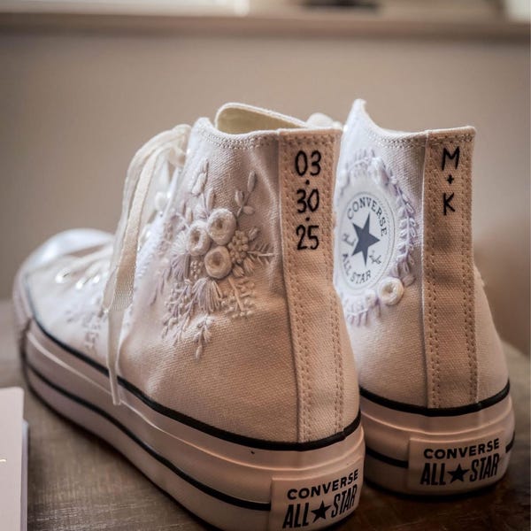 Custom Wedding Converse Platform: White Floral Embroidered Sneakers - Etsy