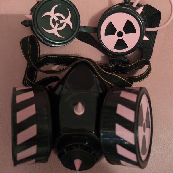 SET Goggles+gas Mask Cybergoth Cosplay Dreads Industrial Dark Pink ...