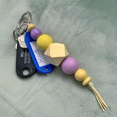 Beaded Lanyard Wood Bead Key Fob Brown Geometric Keychain Wooden ...