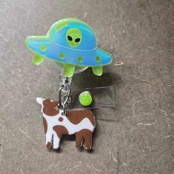 UFO Cow Abduction Badge Reel, Glow in the Dark, Alien Spaceship Badge ...
