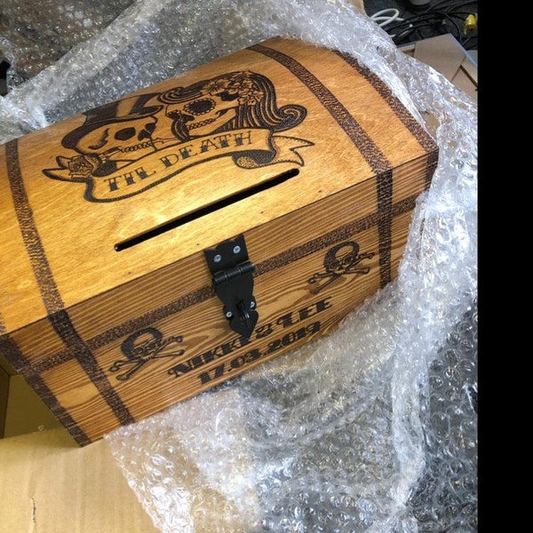 Personalised Wedding Card Box, Rockabilly Wooden Chest Forever Skulls ...