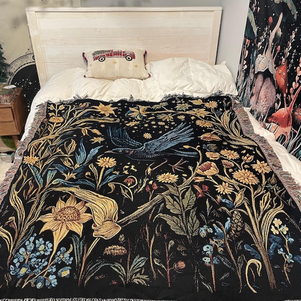 Dark Cottagecore Crow Tapestry Woven | Raven Wall Art Blanket Woven ...