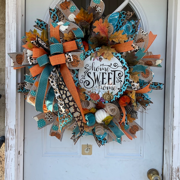 Fall Wreath: Cheetah, Turquoise, and Orange Pumpkin Decor - Etsy