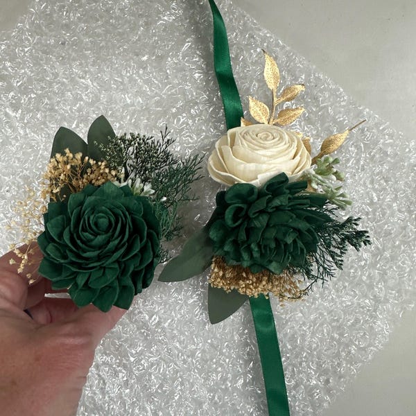 Dark Green and Gold Boutonniere, Emerald Dahlia Buttonhole, Groom and ...