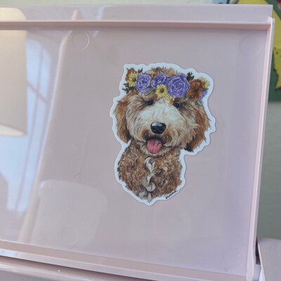 Golden Doodle With Flower Crown Vinyl Sticker, Goldendoodle Stickers ...