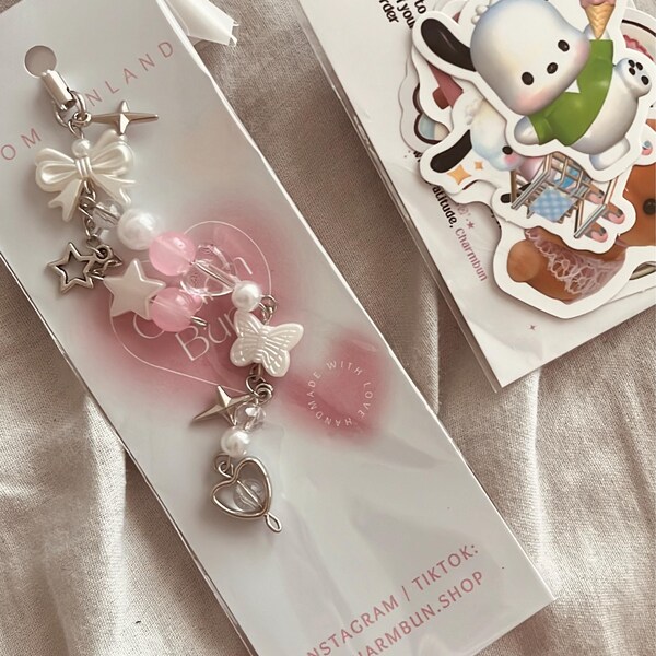 Cute Bow Phone Charm | Heart Keyring Pendant | Beaded Jewelry ...