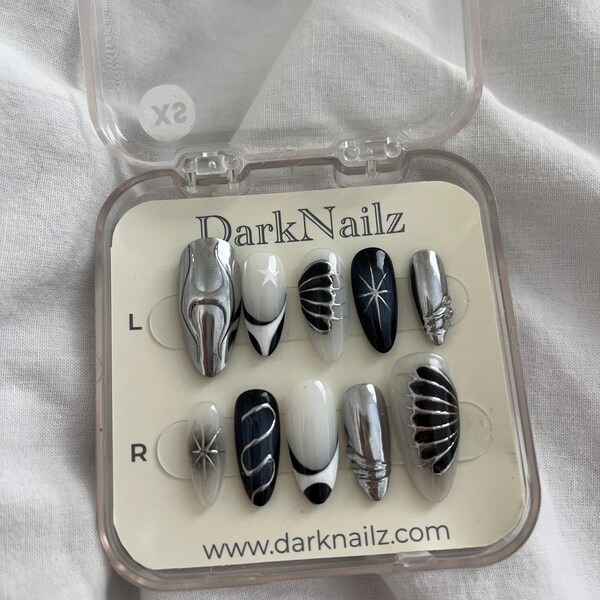 Custom Silver Press on Nails, Gothic Punk Rock Nails, Goth White Y2K ...
