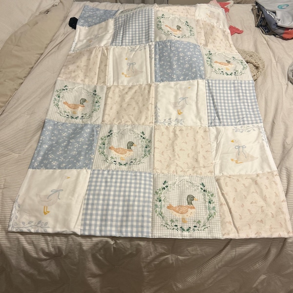 Organic Cotton Baby Boy Crib Quilt: Duck, Goose, Bunnies, Cottage ...