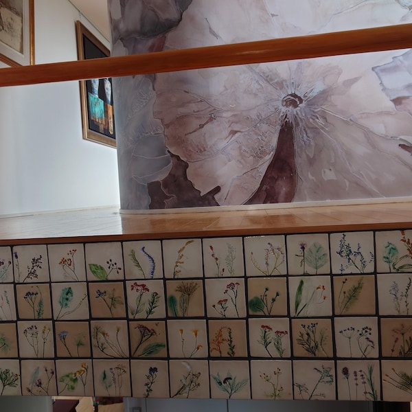 Flower Meadow” Tile Set, Handmade Ceramic Tiles, Natural Clay Color ...