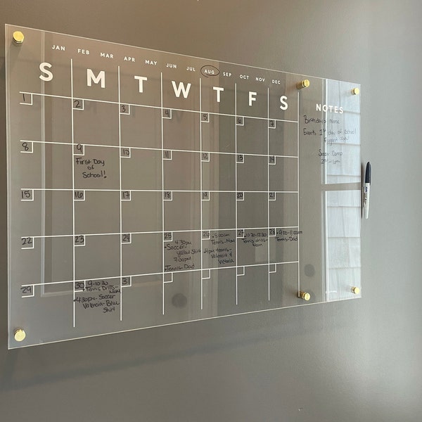 Acrylic Dry Erase Calendar With Side Notes | White Text Lucite Wall ...