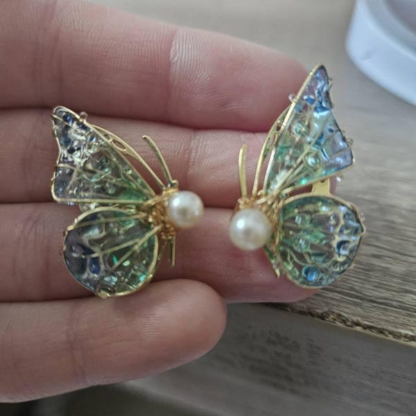 Handmade Creative Earring Multi-color Butterfly Earrings Pearl Wing ...