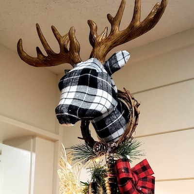 Buffalo Check Deer Wreath Center Black and White Plaid Rustic Head With ...