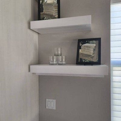 Modern White Floating Shelf, Thick Wall Shelf With Light, Wooden Shelf ...
