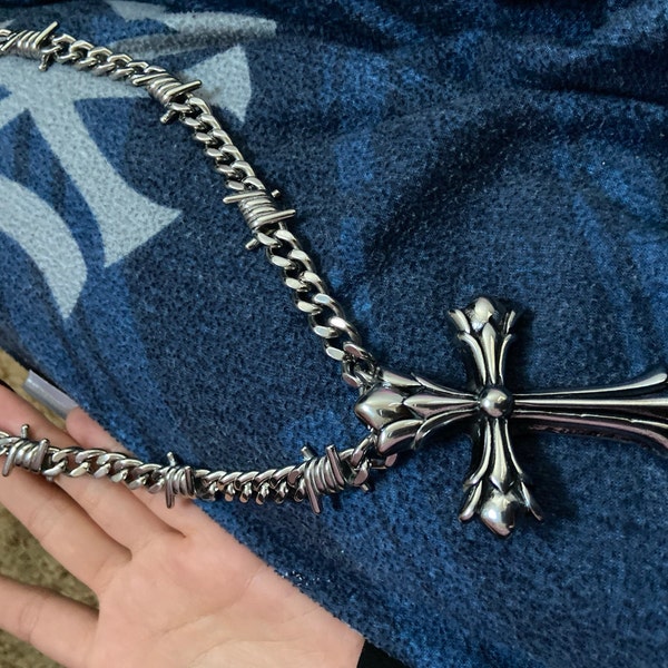FALLEN ANGEL Stainless Steel Barbed Wire Winged Angel Cross Necklace ...