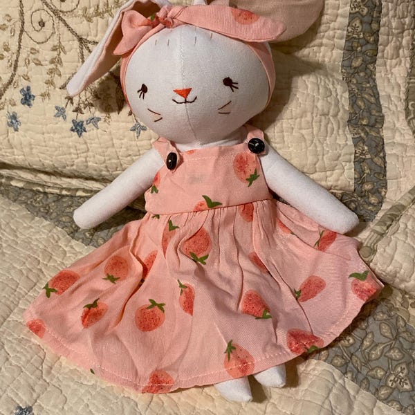 Bunny Dolll With Pink Strawberry Dress, Heirloom Handmade Doll, Textile ...